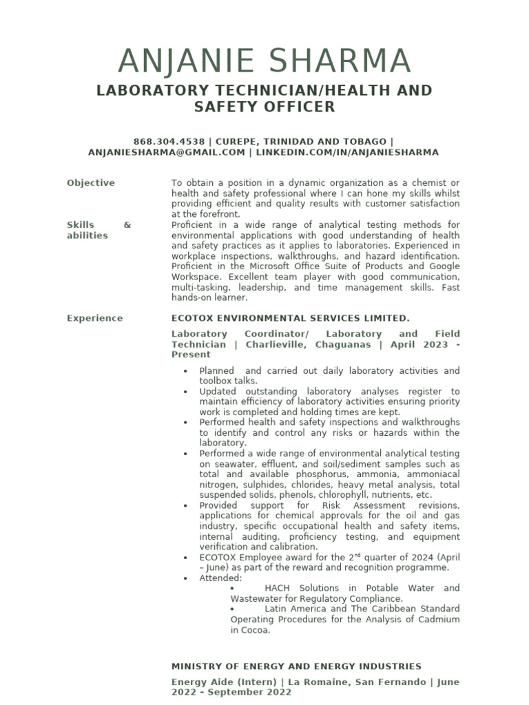 Anjanie Sharma NEBOSH IGC, BSC Chemistry, Analytical and Industrial Chemistry | PDF