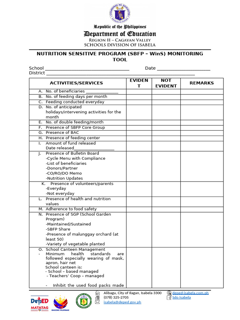 Monitoring Tool SBFP | PDF | Hand Washing | Social Science