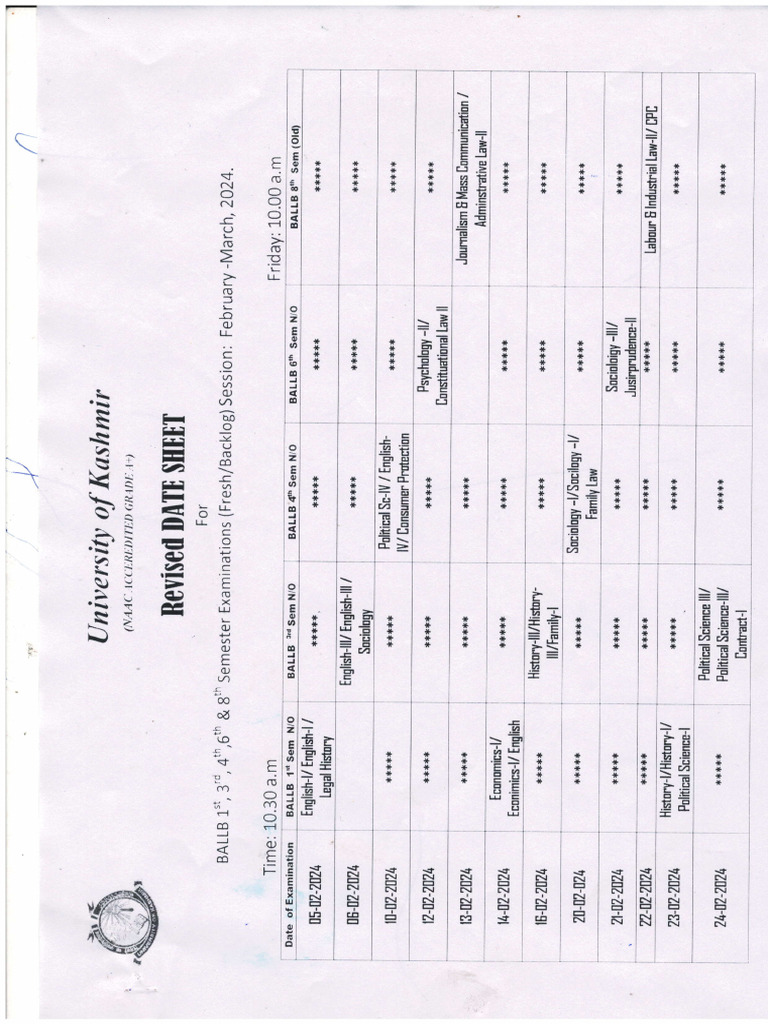 Date Sheet BA LLB | PDF