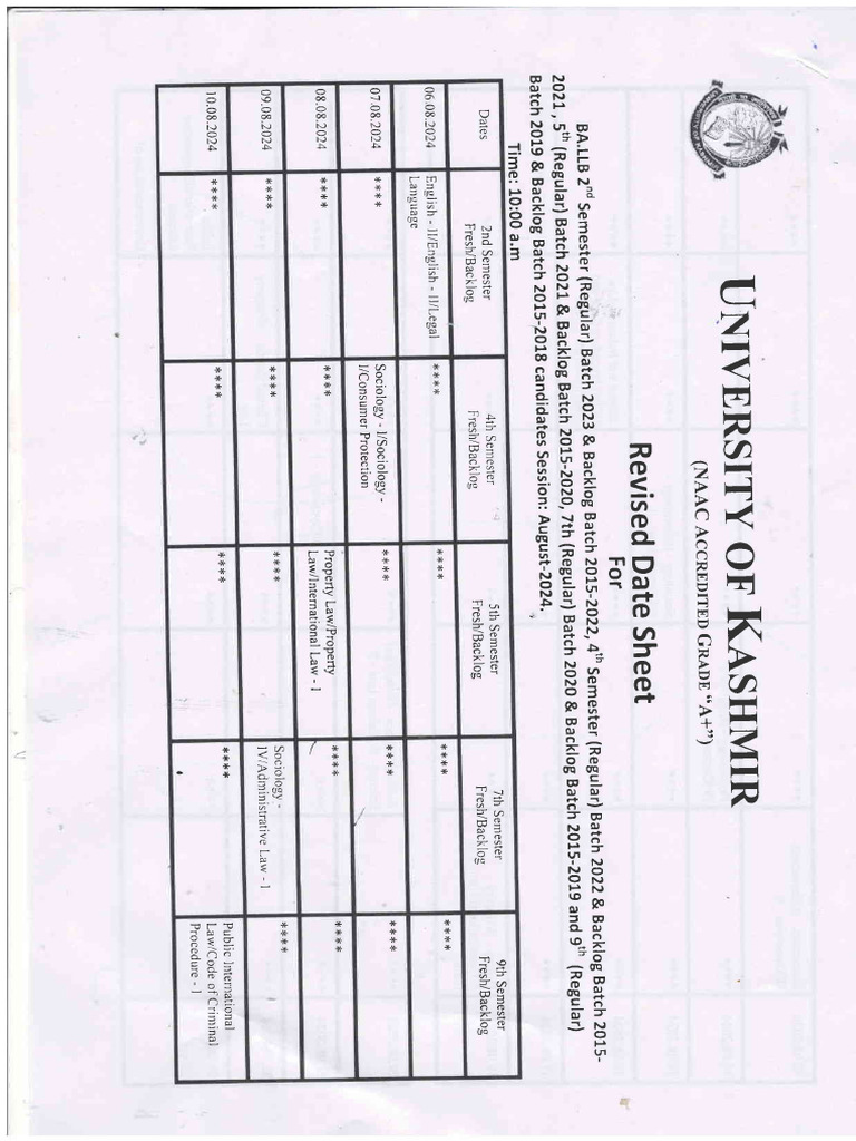 Date Sheet 2024 | PDF