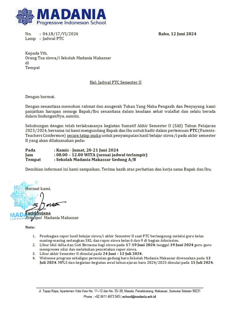 2324 S2 Principal Surat 04.18 Informasi Jadwal PTC Semester II | PDF