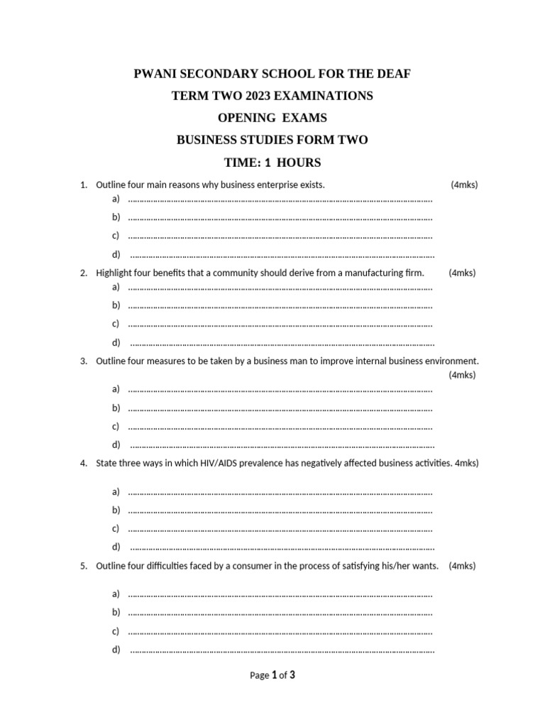 Business Studies Form 2 | PDF