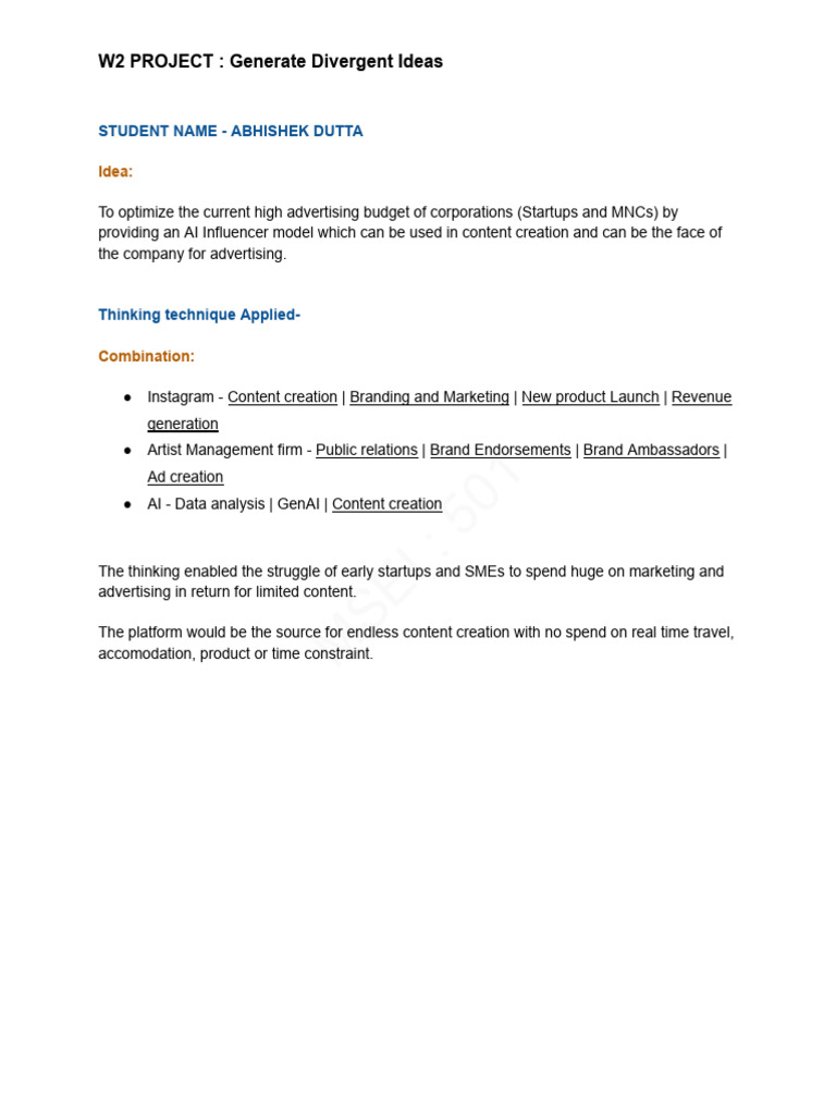 W2 PROJECT - Generate Divergent Ideas | PDF