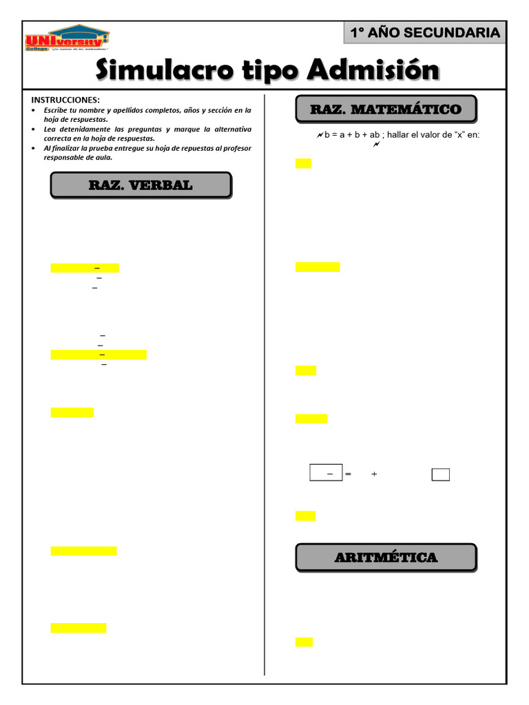 SIMULACRO 1RO SECUNDARIA - CON CLAVES | PDF