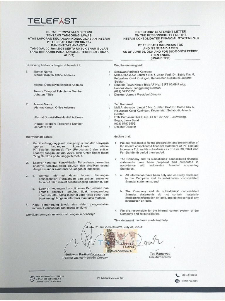 Surat Pernyataan Direksi PT Telefast Indonesia TBK PDF | PDF