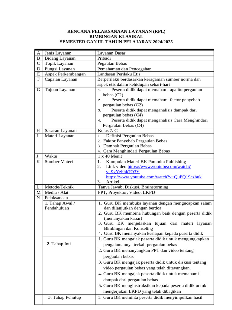 Rencana Pelaksanaan Layanan (RPL) Bimbingan Klasikal Semester Ganjil ...
