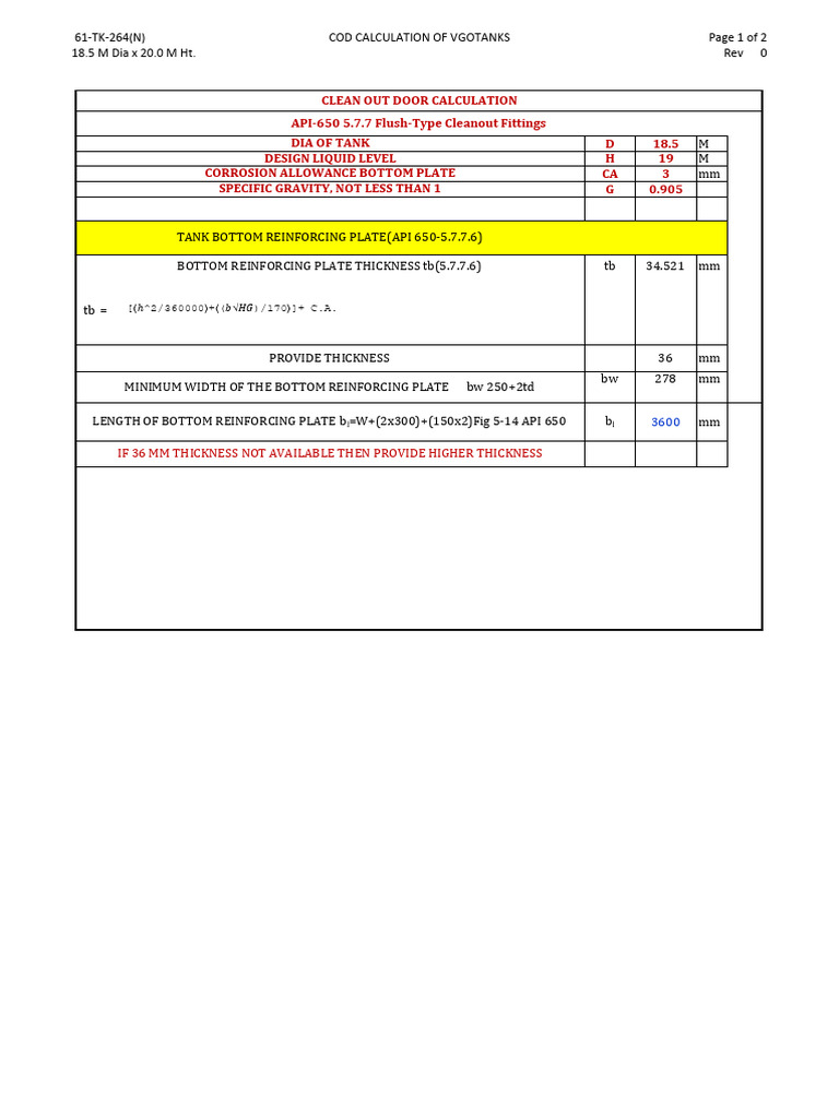 COD Design Calculation For VGO Tank-61-TK-264 (N) | PDF