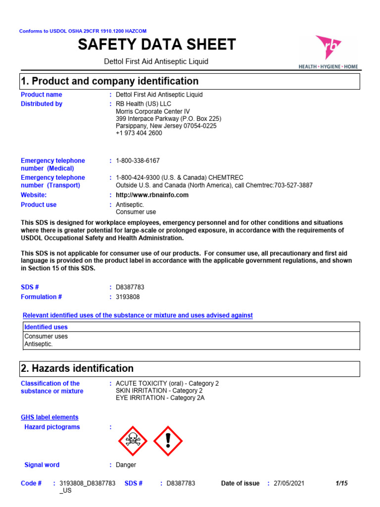 Dettol First Aid Antiseptic Liquid EN GHS US | PDF