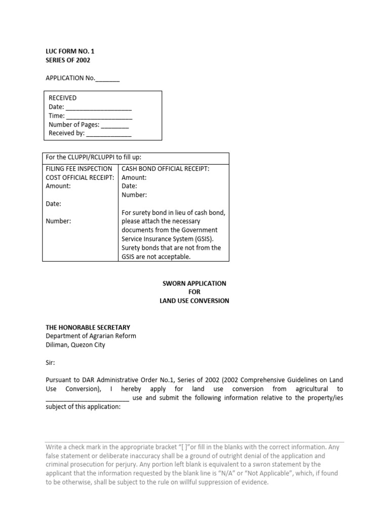 DAR - LUC FORM NO. 1 - Sworn Application For Land Use Conversion (As of ...