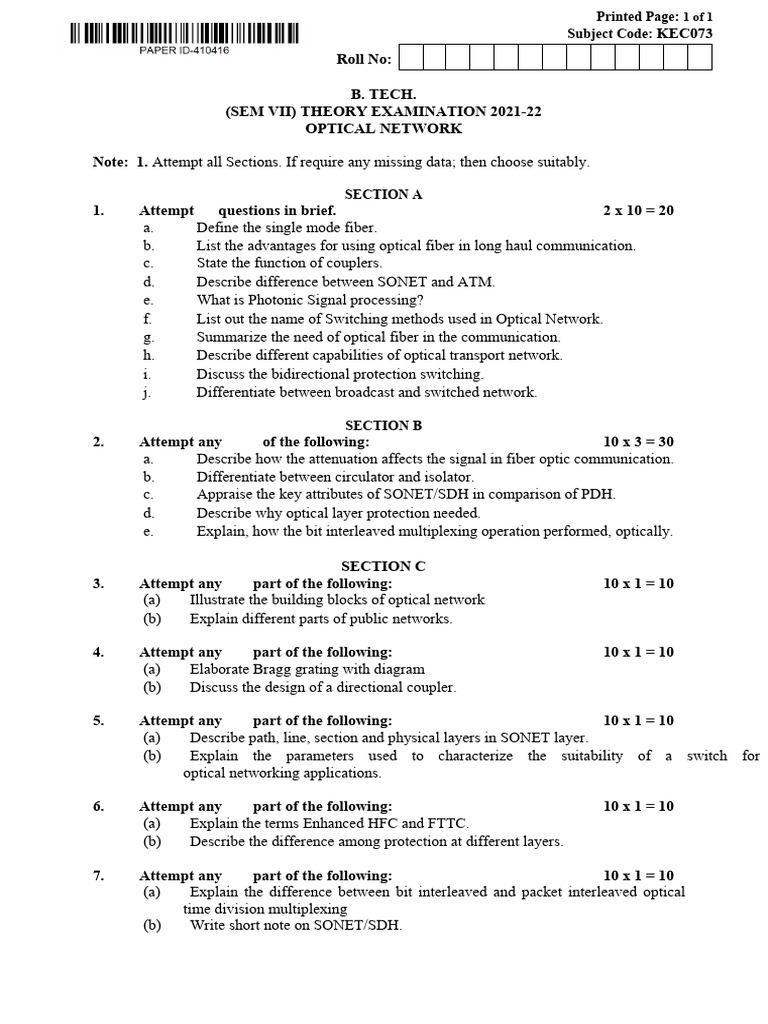 Btech Ec 7 Sem Optical Network Kec073 2022 | PDF