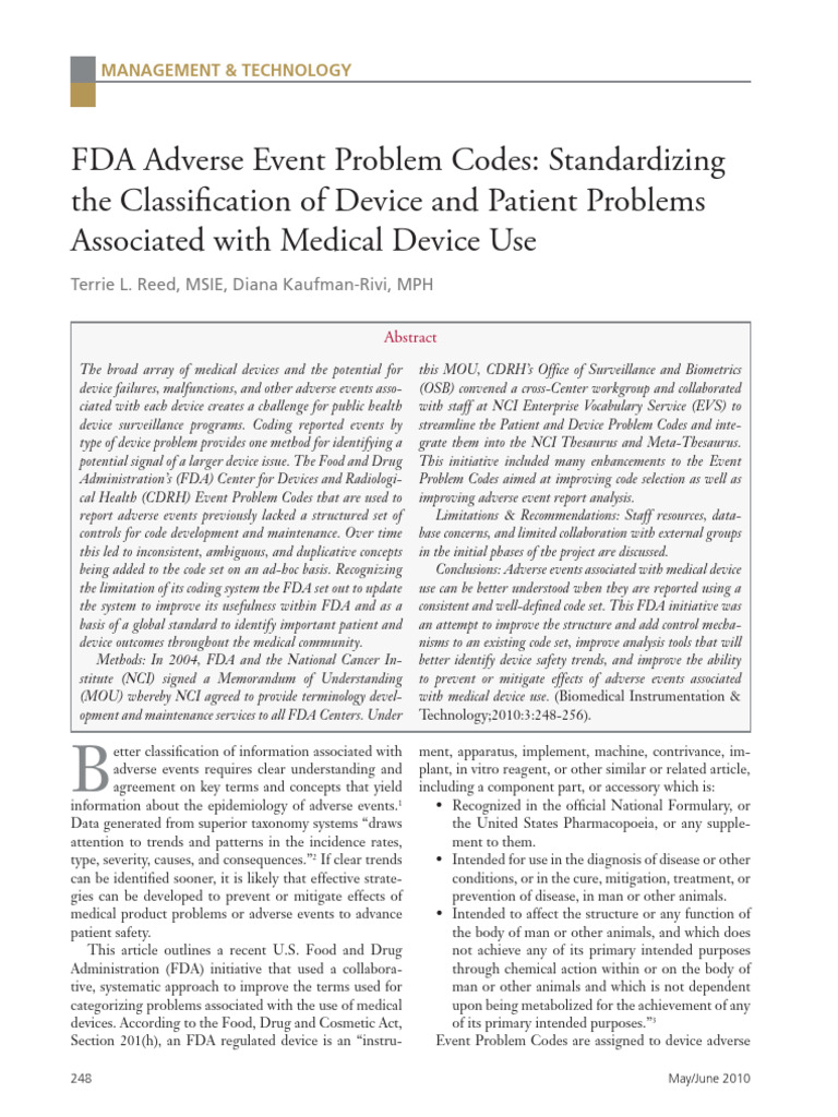 Reed Kaufman Rivi 2022 FDA Adverse Event Problem Codes Standardizing The Classification of ...