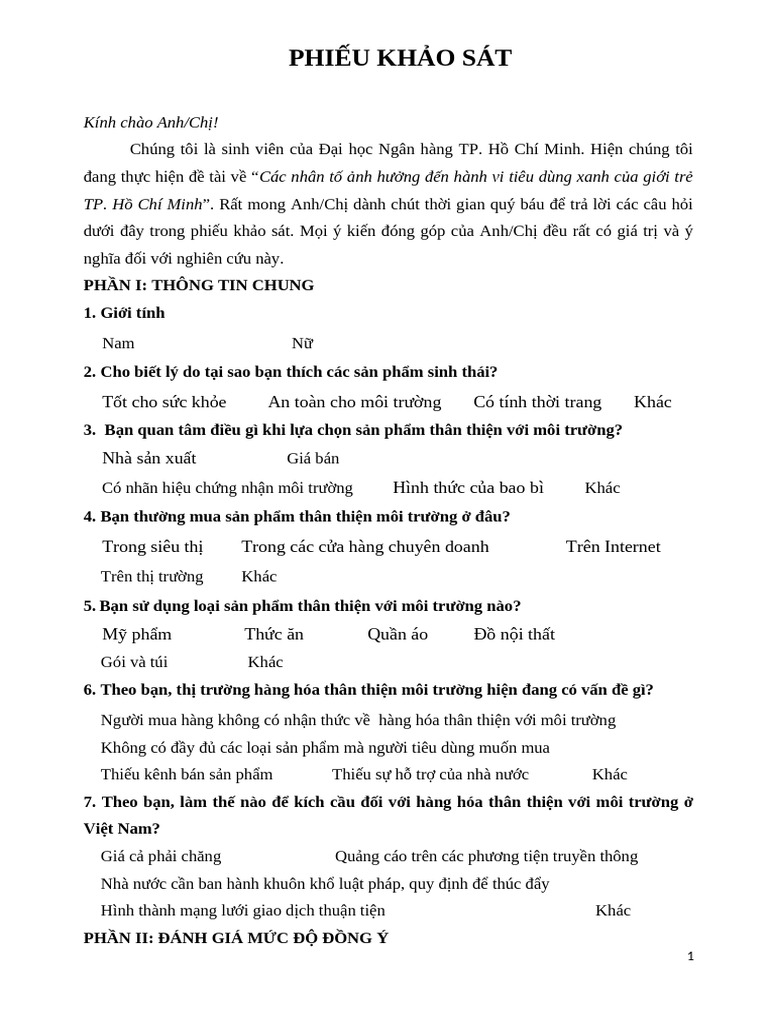Phieu Khao Sat - Nhom Vy Truong | PDF