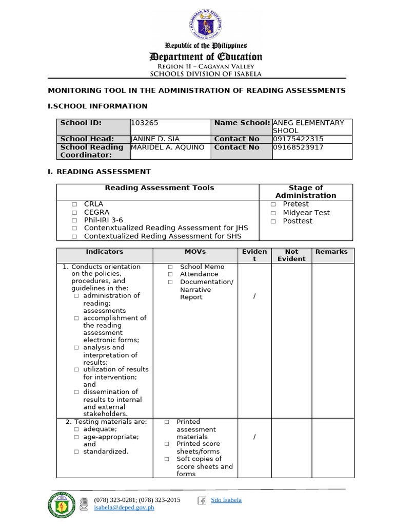 Monitoring Tool in The Administration of Reading Assessments 1 | PDF