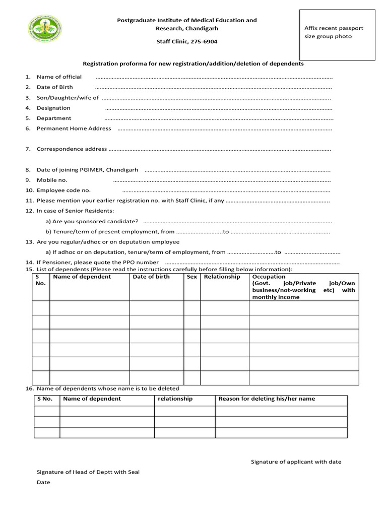 Registration Proforma Staff Clinic Dependent Family | PDF | Pension | Law