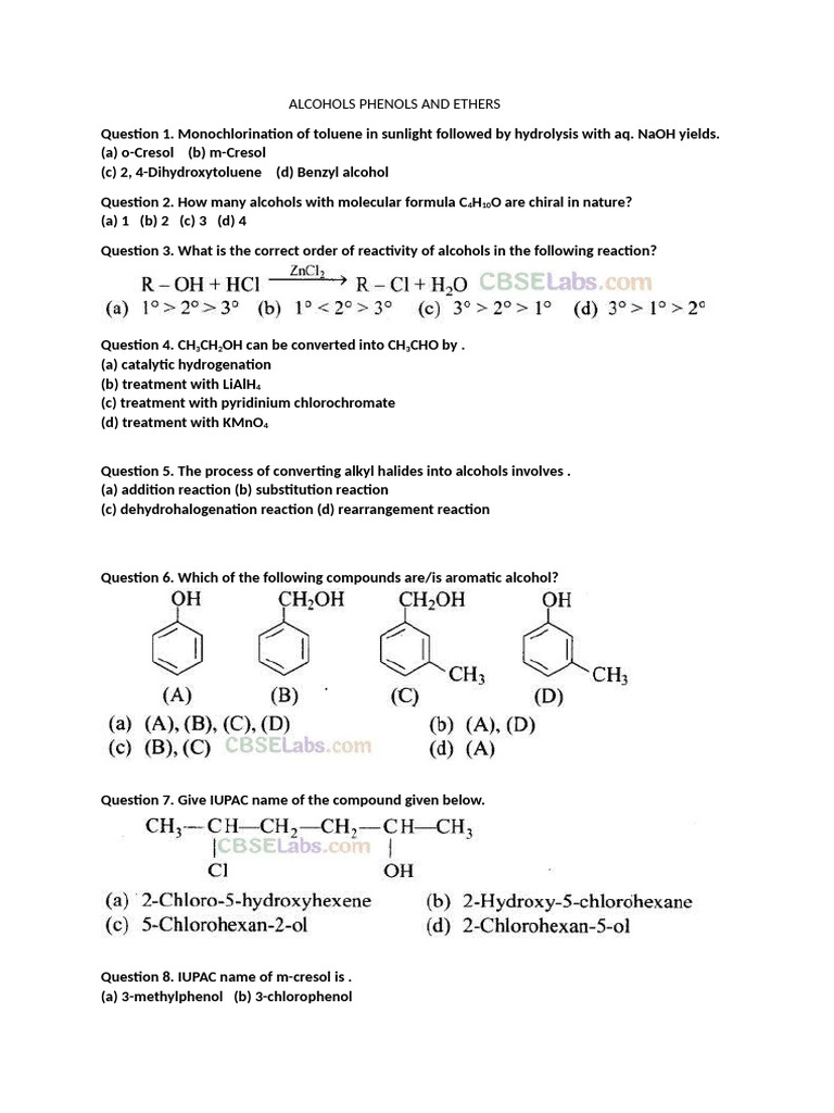 ALCOHOLS PHENOLS AND ETHERS MCQ and AR TYPE | PDF