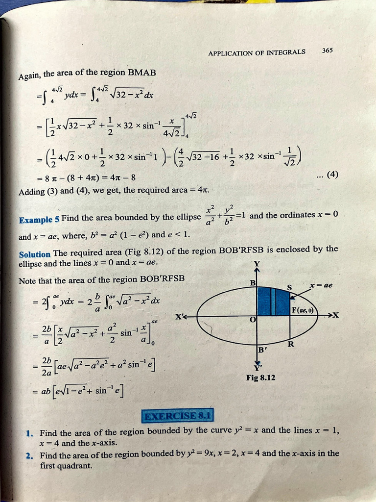 Applications of Integrals - Ex. 8.1 (Old Book) | PDF