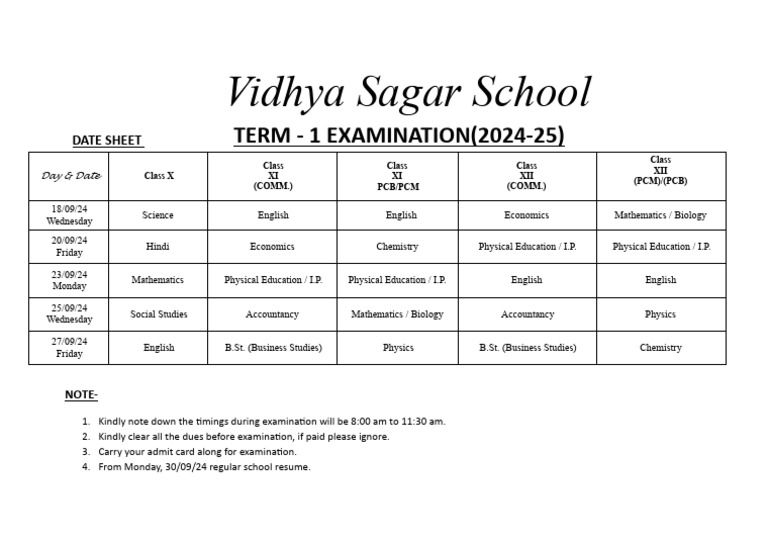 DATE SHEET 2024-25 CLASS 10 - 12 Term - 1 Exam | PDF