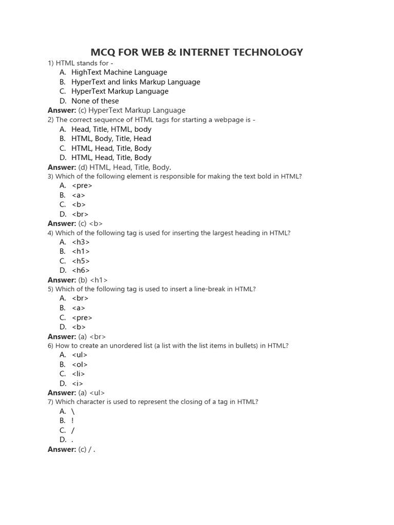MCQ For Web & Internet Technology | PDF