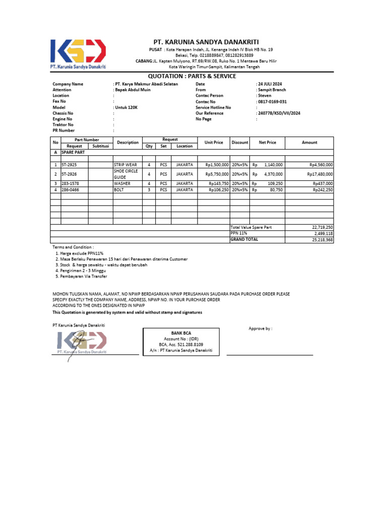 Quotation PT KSD 24 Juli No 78 Kma Selatan | PDF