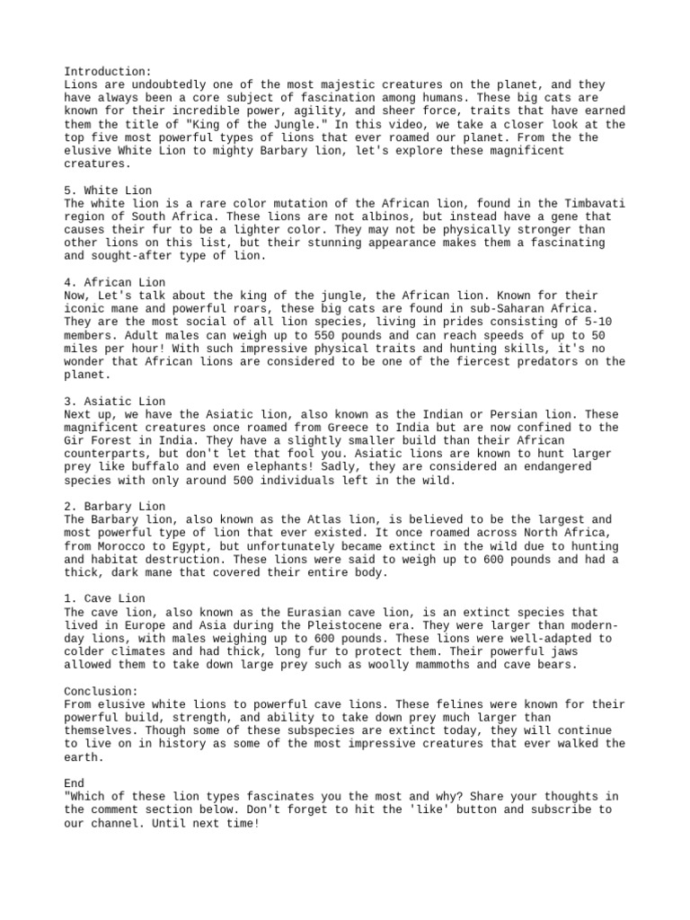 Script Top 5 Most Powerful Types of Lion | PDF