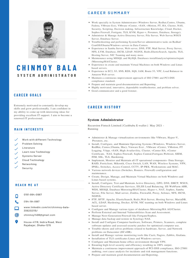 Chinmoy Bala CV - System Administrator | PDF
