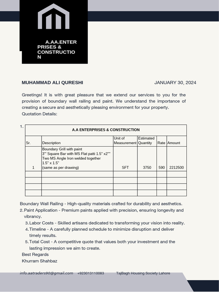Boundary Wall Quotation | PDF | Technology & Engineering