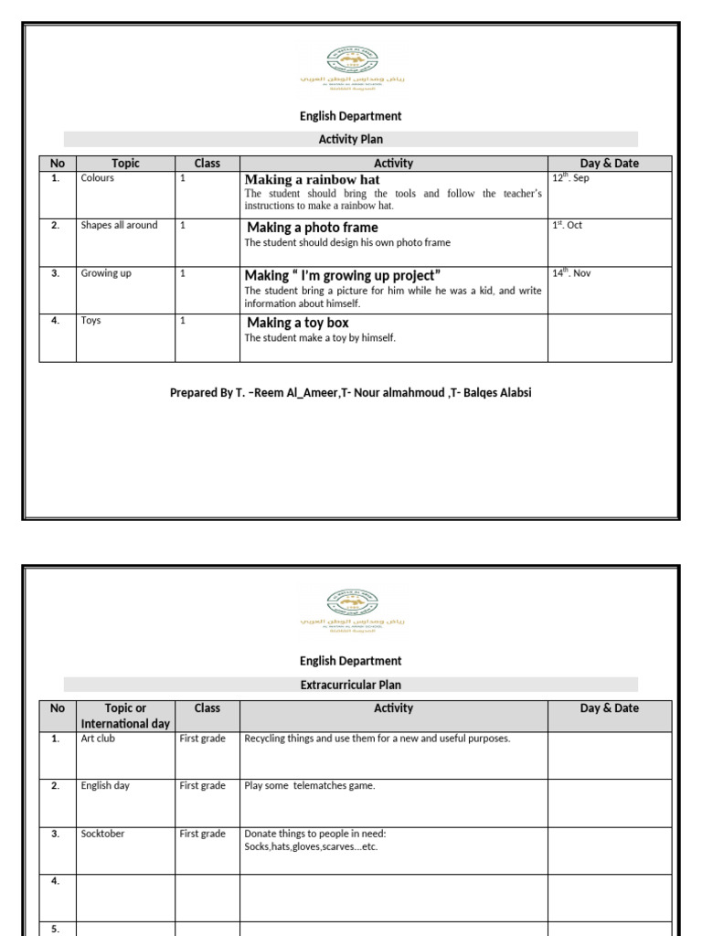 Activity & Extracurricular Plan First Grade Teachers | PDF