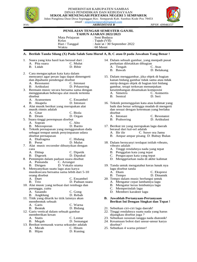 Soal Uts SBD Kelas 7 (Edit) | PDF