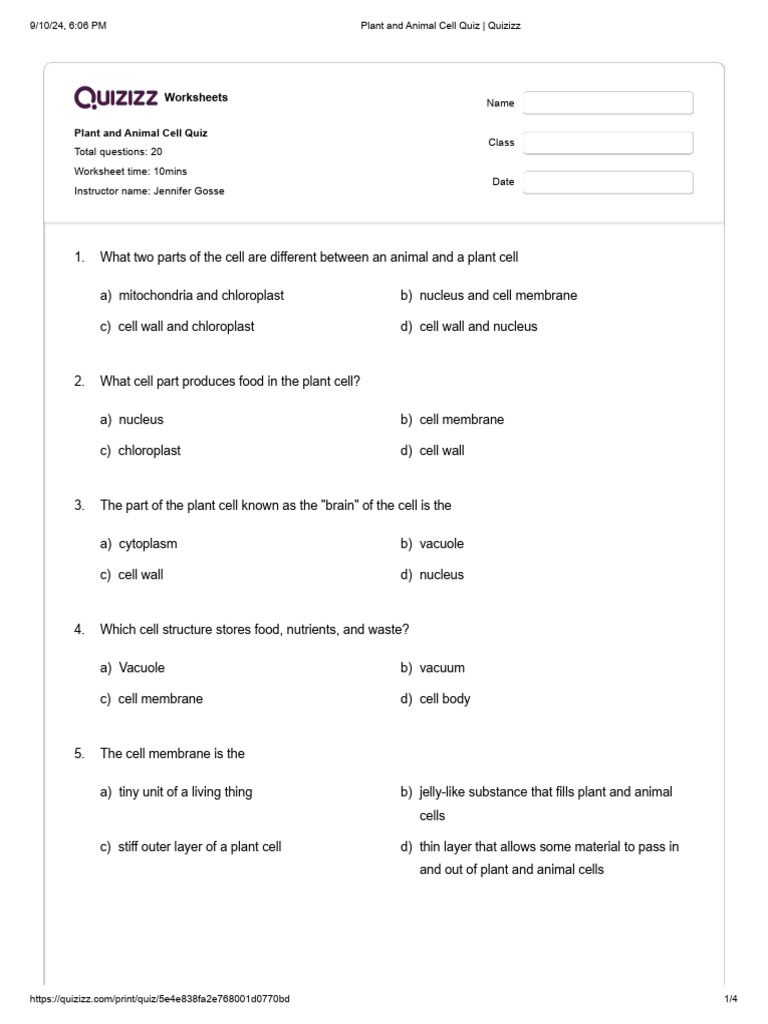Plant and Animal Cell Quiz | PDF