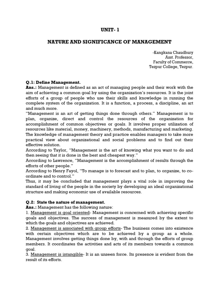 Unit-1 Nature and Significance of Management: Q.1: Define Management. Ans. | PDF