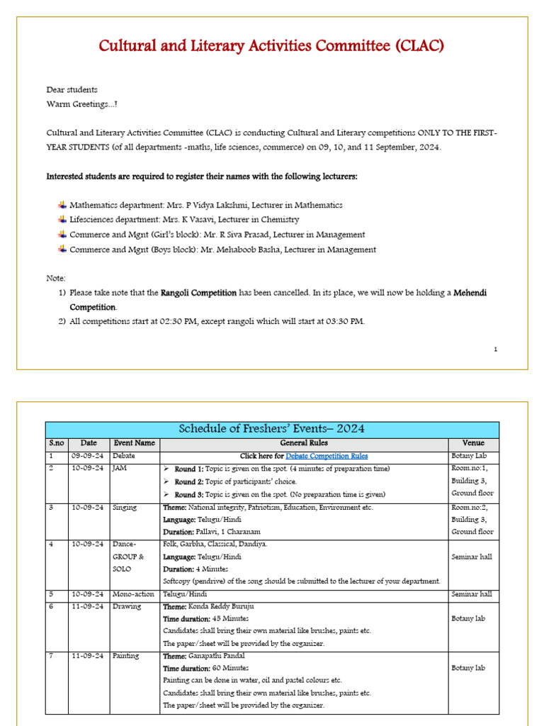 Schedule of Freshers' Competitions 2024 | PDF