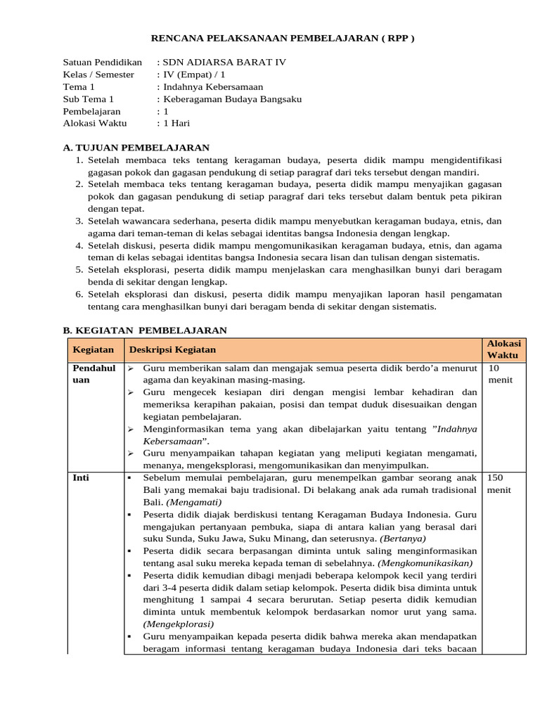 RPP Format Terbaru Kelas 4 Tema 1 ST 1y | PDF