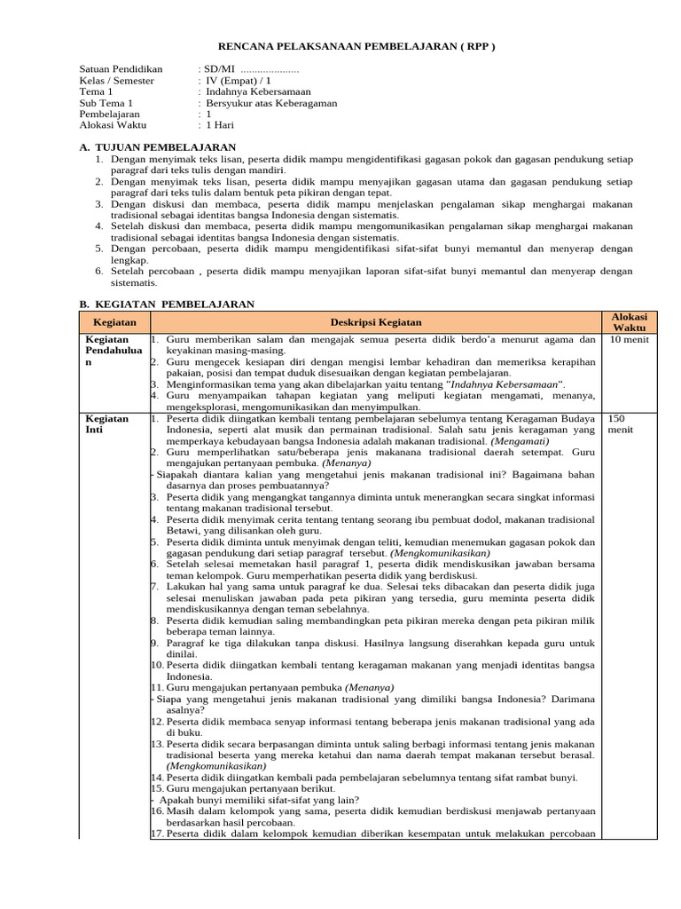 RPP Format Terbaru Kelas 4 Tema 1 ST 3 | PDF
