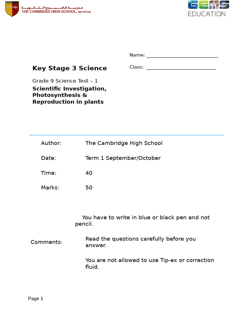Y9 Science Test 1 | PDF