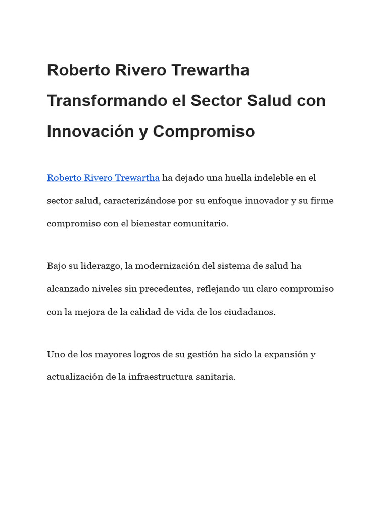 Roberto Rivero Trewartha Transformando El Sector Salud Con Innovación y Compromiso | PDF