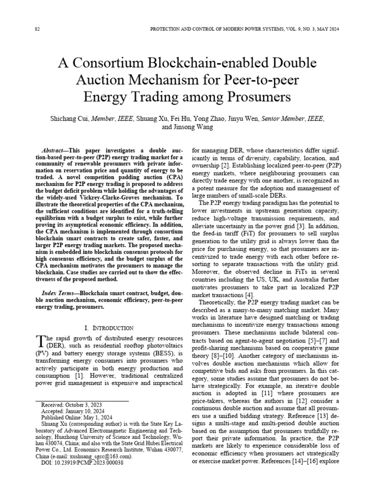 A Consortium Blockchain-Enabled Double Auction Mechanism For Peer-to-Peer Energy Trading Among ...