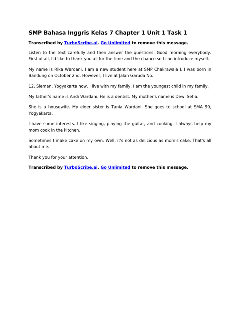 SMP Bahasa Inggris Kelas 7 Chapter 1 Unit 1 Task 1 | PDF