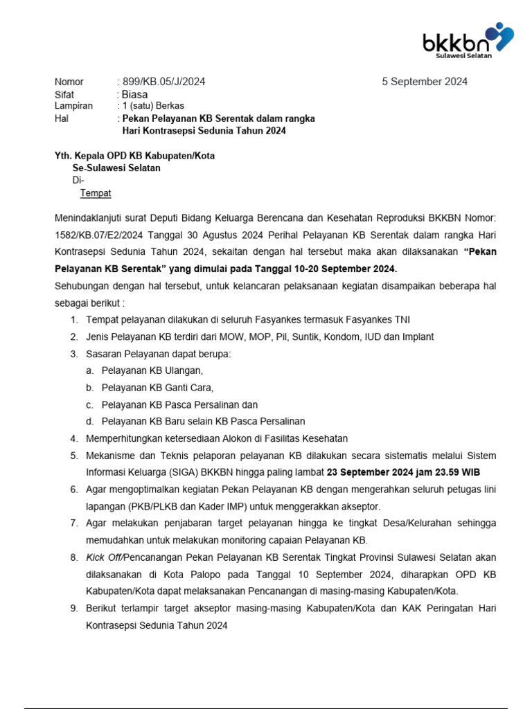 SURAT Pelayanan KB Serentak WCD 2024 | PDF