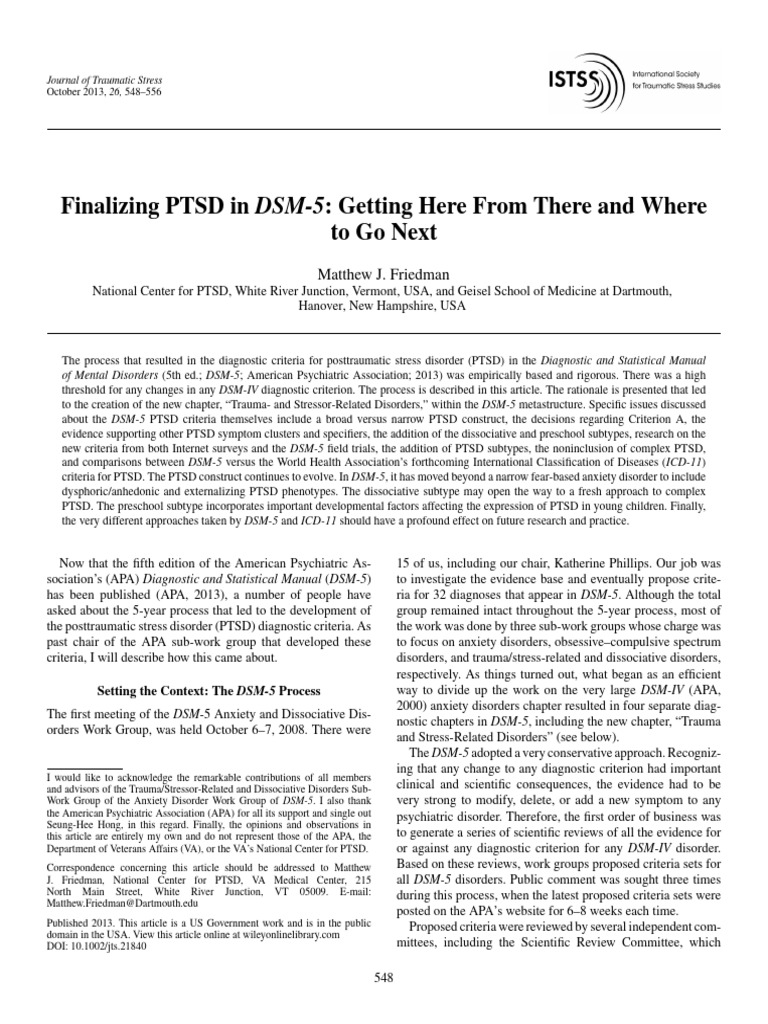 Journal of Traumatic Stress - 2013 - Friedman - Finalizing PTSD in DSM ... Journal of Traumatic Stress - 2013 - Friedman - Finalizing PTSD in DSM ...