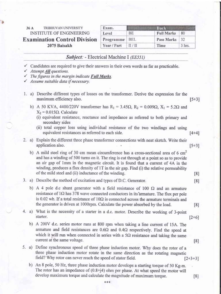 Electrical Machines I Exam Questions | PDF | Electric Motor | Transformer