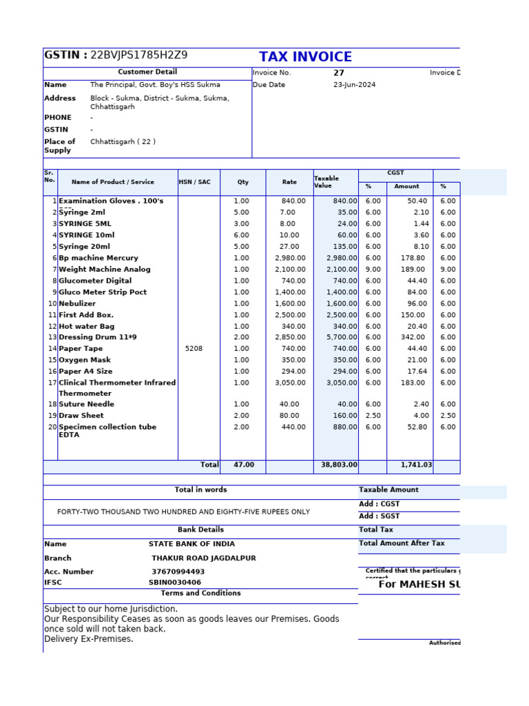 Invoice - 27 The Principal Govt Boy S HSS Sukma 06 02 44 | PDF