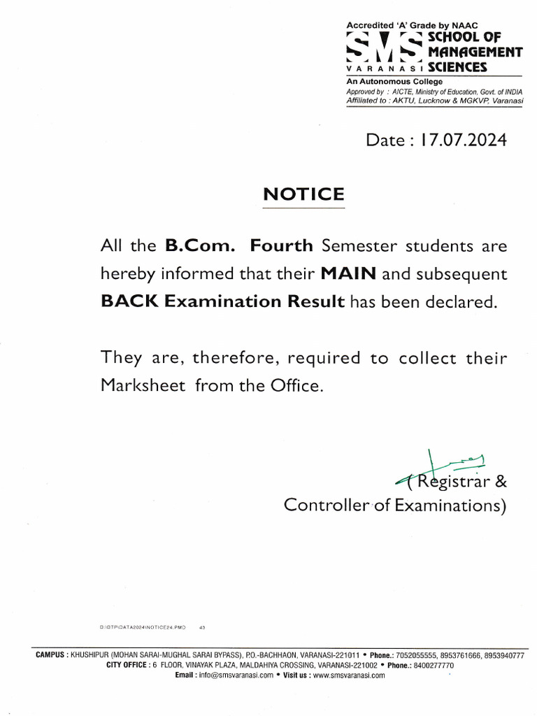 Notice - B.com Iv Sem Main & Back Examination Result | PDF
