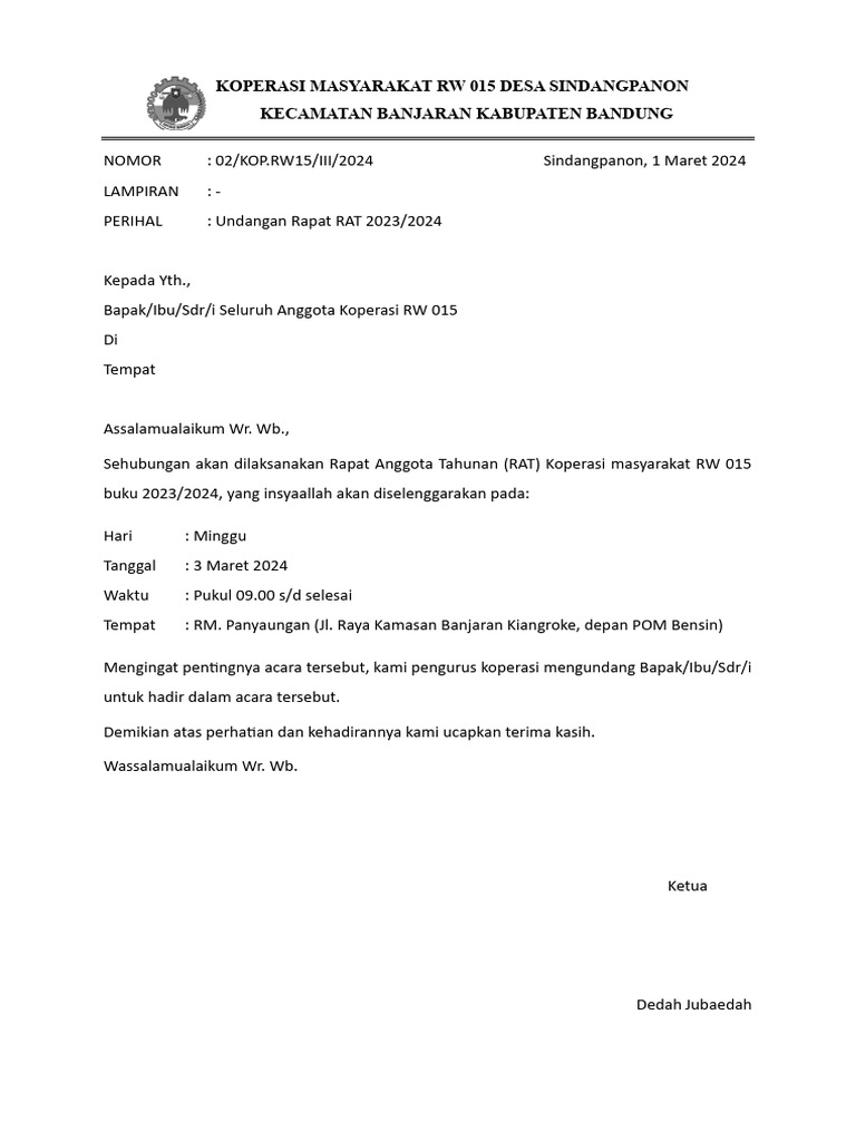 Surat Undangan Rapat RAT | PDF