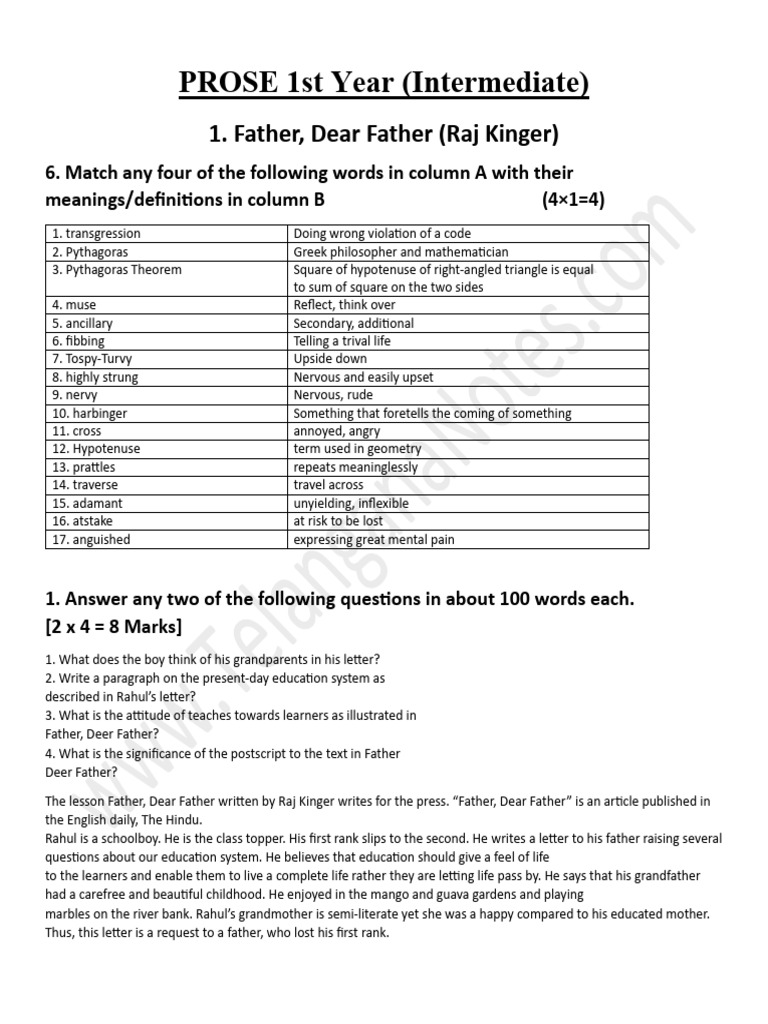 PROSE 1st Year (Intermediate) : 1. Father, Dear Father (Raj Kinger) | PDF
