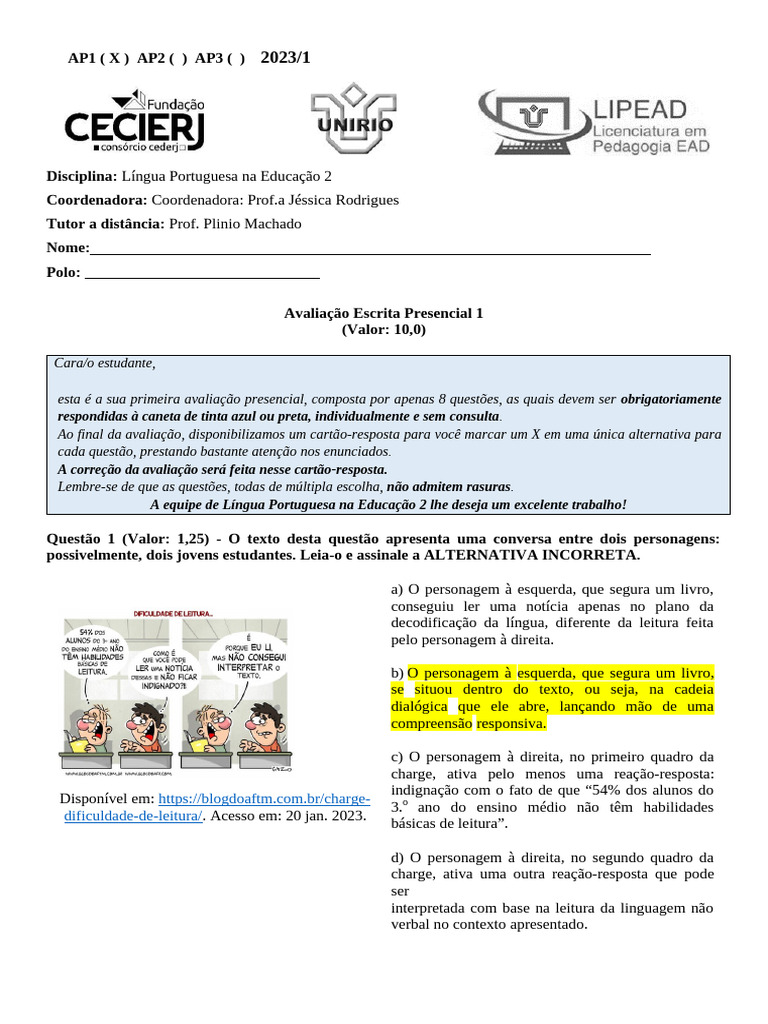 AP1 LP2 2023.1 - Gabarito PDF | PDF