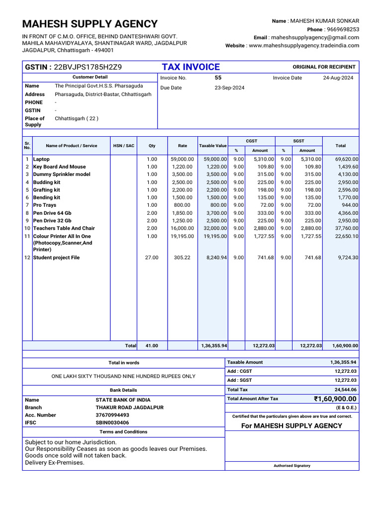 Invoice - 55 The Principal Govt H S S Pharsaguda 05 55 52 | PDF ...