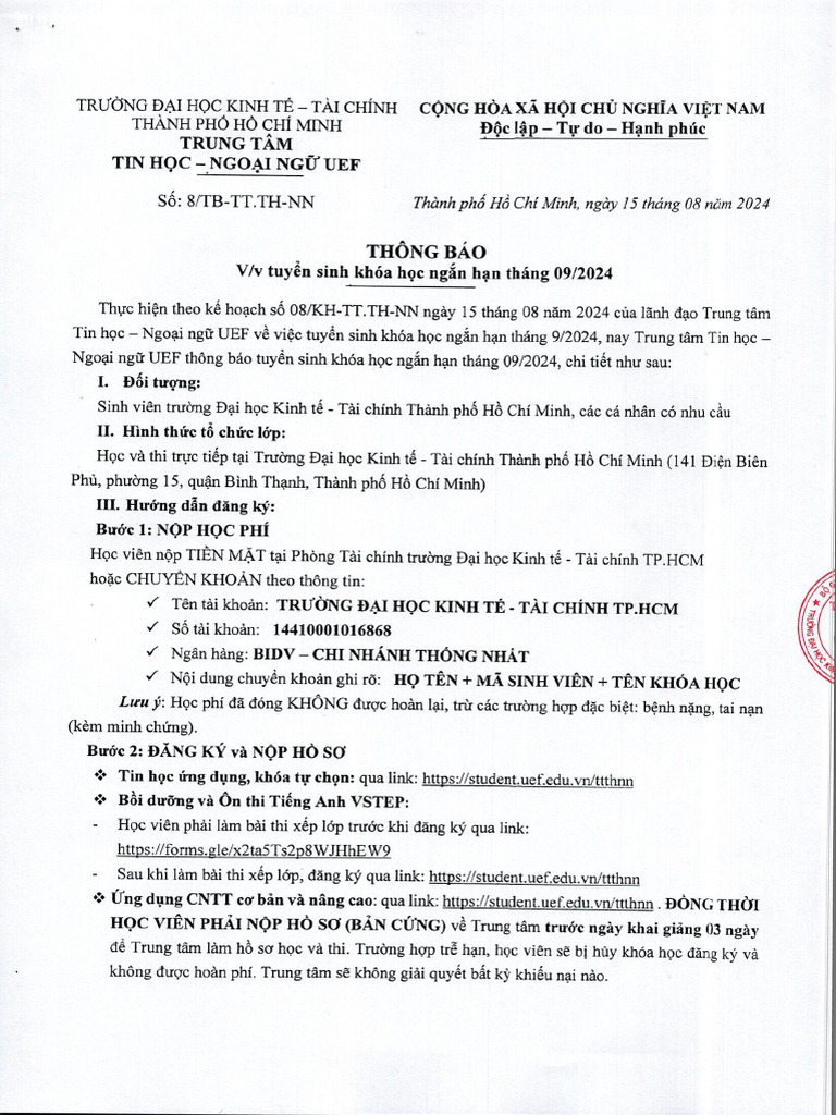 08 TB TTTHNN 15-08-2024 Thong Bao Tuyen Sinh Khoa Hoc Tu Chon Thang 09 ...