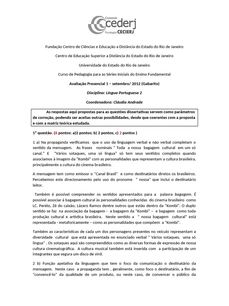 AP1 de LP 2 Cederj UNIRIO PEDAGOGIA Respondida | PDF