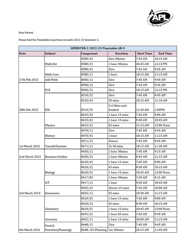 Semester 2 GR 9 Timetable&Portion | PDF | Equations | Quadratic Equation