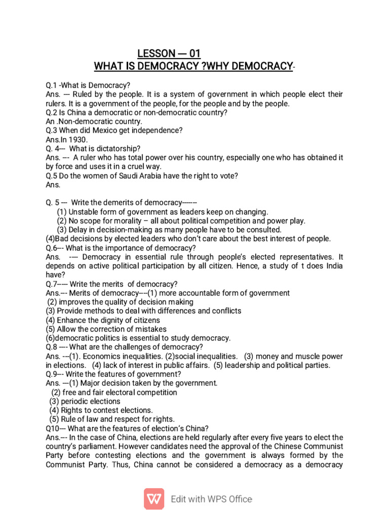 What Democracy Why Democracy Question Ans | PDF